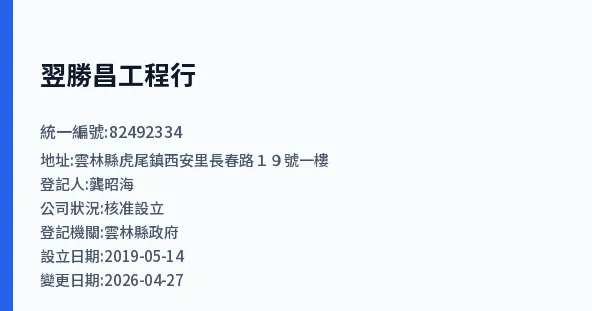 翌勝昌工程行的照片-統編 82492334(雲林縣) 公司登記資料與營業項目詳細圖表