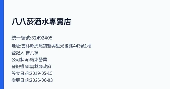 八八菸酒水專賣店的照片-統編 82492405(雲林縣) 公司登記資料與營業項目詳細圖表