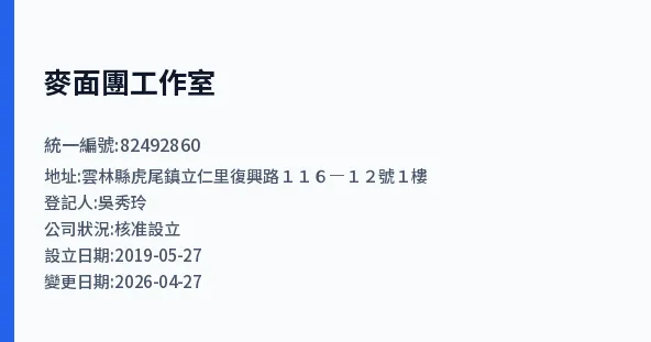 麥面團工作室的照片-統編 82492860(雲林縣) 公司登記資料與營業項目詳細圖表