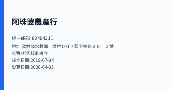 阿珠婆農產行的照片-統編 82494311(雲林縣) 公司登記資料與營業項目詳細圖表