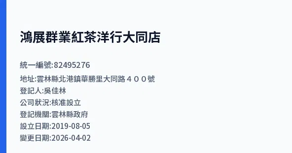 鴻展群業紅茶洋行大同店的照片-統編 82495276(雲林縣) 公司登記資料與營業項目詳細圖表