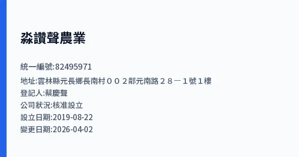 淼讚聲農業的照片-統編 82495971(雲林縣) 公司登記資料與營業項目詳細圖表