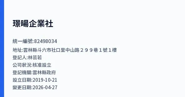 璟暘企業社的照片-統編 82498034(雲林縣) 公司登記資料與營業項目詳細圖表