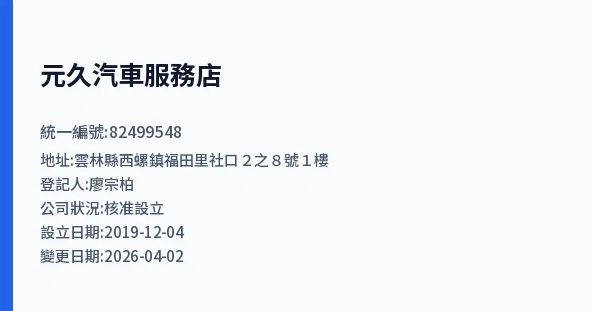 元久汽車服務店的照片-統編 82499548(雲林縣) 公司登記資料與營業項目詳細圖表