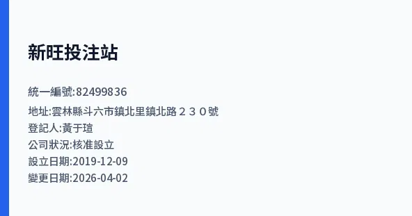 新旺投注站的照片-統編 82499836(雲林縣) 公司登記資料與營業項目詳細圖表
