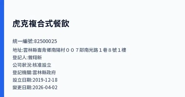 虎克複合式餐飲的照片-統編 82500025(雲林縣) 公司登記資料與營業項目詳細圖表