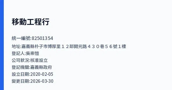移動工程行的照片-統編 82501354(嘉義縣) 公司登記資料與營業項目詳細圖表
