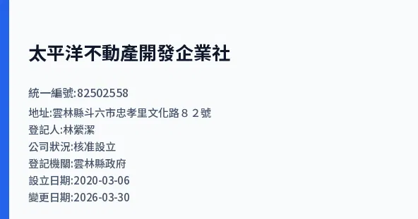 太平洋不動產開發企業社的照片-統編 82502558(雲林縣) 公司登記資料與營業項目詳細圖表