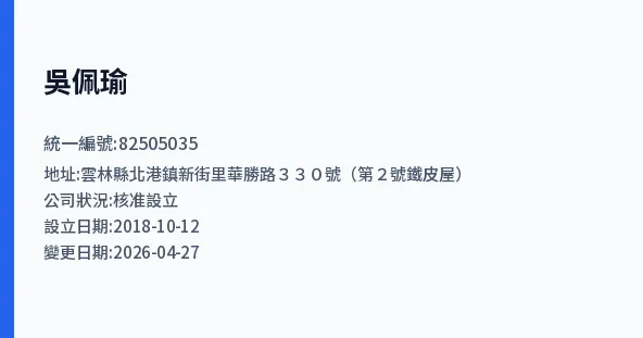 吳佩瑜的照片-統編 82505035(雲林縣) 公司登記資料與營業項目詳細圖表