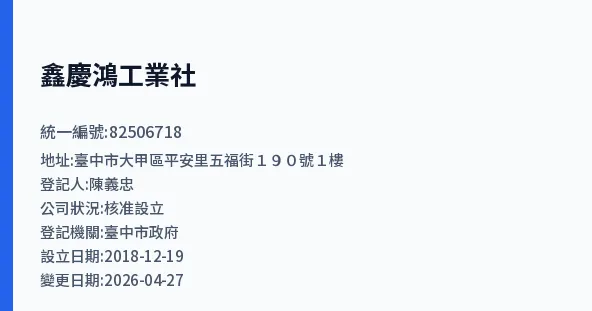 鑫慶鴻工業社的照片-統編 82506718(臺中市) 公司登記資料與營業項目詳細圖表