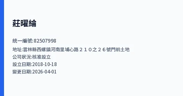 莊曜綸的照片-統編 82507998(雲林縣) 公司登記資料與營業項目詳細圖表