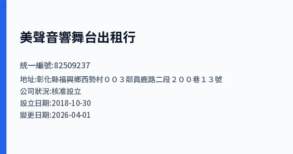 美聲音響舞台出租行的照片-統編 82509237(彰化縣) 公司登記資料與營業項目詳細圖表