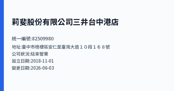 莉斐股份有限公司三井台中港店的照片-統編 82509980(臺中市) 公司登記資料與營業項目詳細圖表