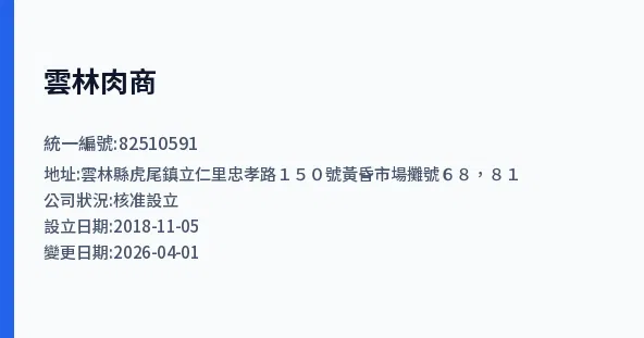 雲林肉商的照片-統編 82510591(雲林縣) 公司登記資料與營業項目詳細圖表