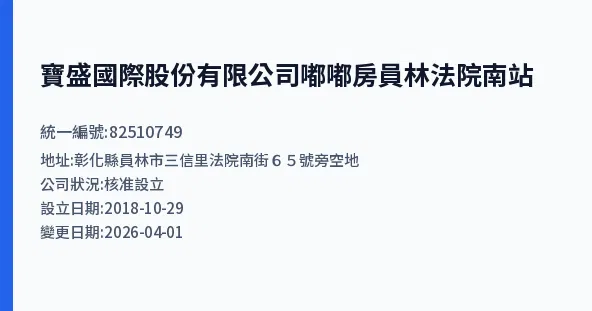 寶盛國際股份有限公司嘟嘟房員林法院南站的照片-統編 82510749(彰化縣) 公司登記資料與營業項目詳細圖表