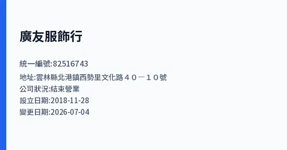 廣友服飾行的照片-統編 82516743(雲林縣) 公司登記資料與營業項目詳細圖表