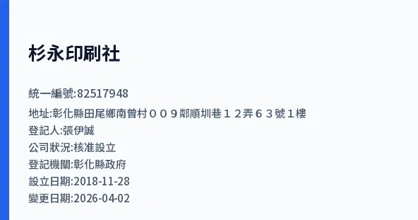 杉永印刷社的照片-統編 82517948(彰化縣) 公司登記資料與營業項目詳細圖表
