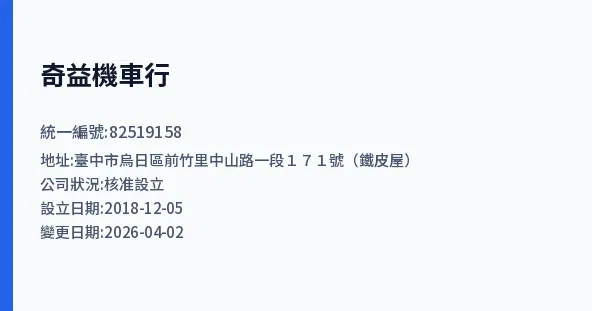 奇益機車行的照片-統編 82519158(臺中市) 公司登記資料與營業項目詳細圖表