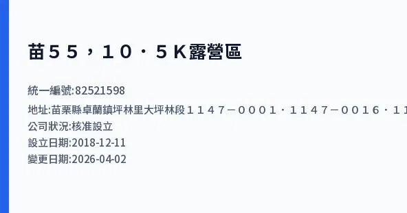 苗55,10.5K露營區的照片-統編 82521598(苗栗縣) 公司登記資料與營業項目詳細圖表