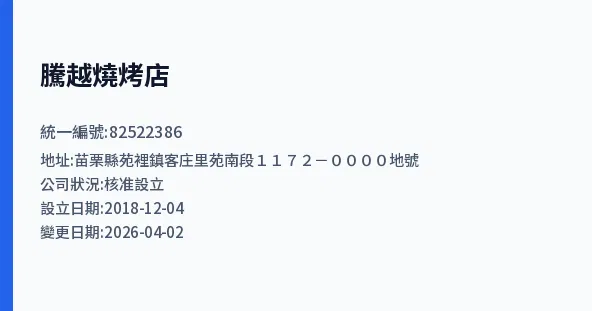 騰越燒烤店的照片-統編 82522386(苗栗縣) 公司登記資料與營業項目詳細圖表