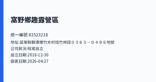 窩野鄉趣露營區的照片-統編 82523218(苗栗縣) 公司登記資料與營業項目詳細圖表