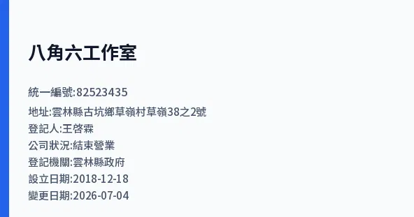 八角六工作室的照片-統編 82523435(雲林縣) 公司登記資料與營業項目詳細圖表