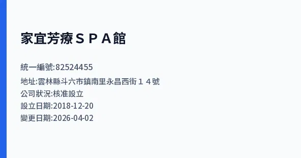 家宜芳療SPA館的照片-統編 82524455(雲林縣) 公司登記資料與營業項目詳細圖表