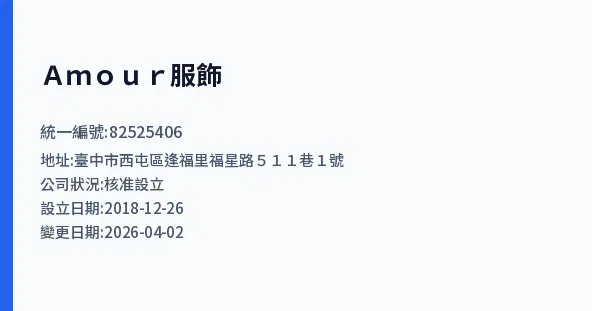 Amour服飾的照片-統編 82525406(臺中市) 公司登記資料與營業項目詳細圖表