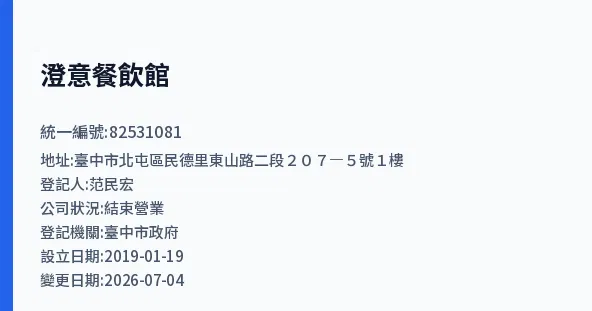 澄意餐飲館的照片-統編 82531081(臺中市) 公司登記資料與營業項目詳細圖表