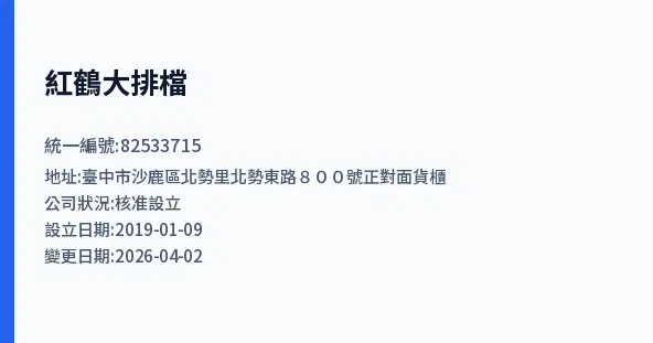 紅鶴大排檔的照片-統編 82533715(臺中市) 公司登記資料與營業項目詳細圖表