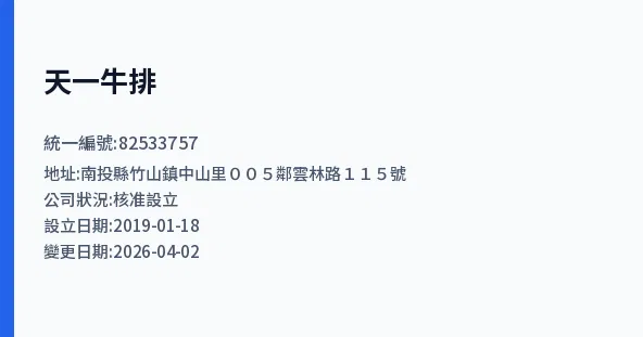 天一牛排的照片-統編 82533757(南投縣) 公司登記資料與營業項目詳細圖表