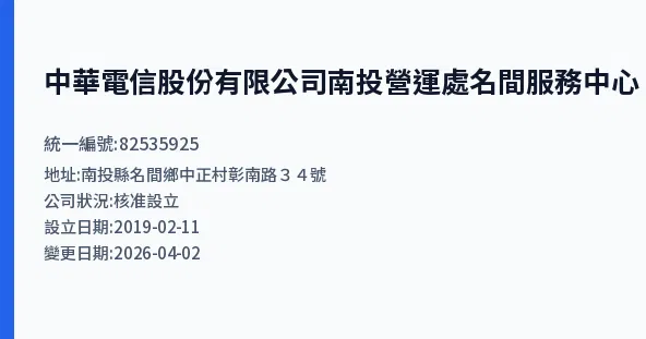 中華電信股份有限公司南投營運處名間服務中心的照片-統編 82535925(南投縣) 公司登記資料與營業項目詳細圖表