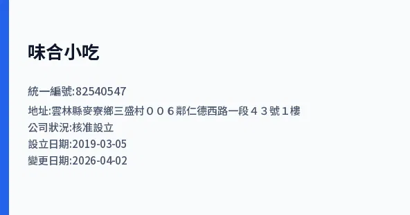 味合小吃的照片-統編 82540547(雲林縣) 公司登記資料與營業項目詳細圖表