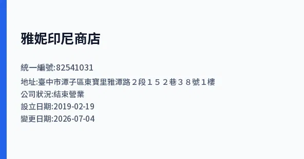 雅妮印尼商店的照片-統編 82541031(臺中市) 公司登記資料與營業項目詳細圖表