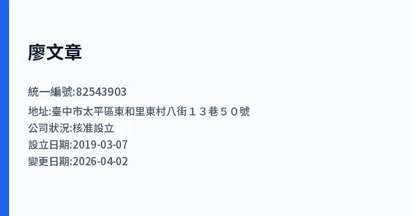 廖文章的照片-統編 82543903(臺中市) 公司登記資料與營業項目詳細圖表
