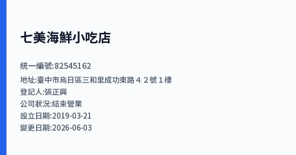 七美海鮮小吃店的照片-統編 82545162(臺中市) 公司登記資料與營業項目詳細圖表