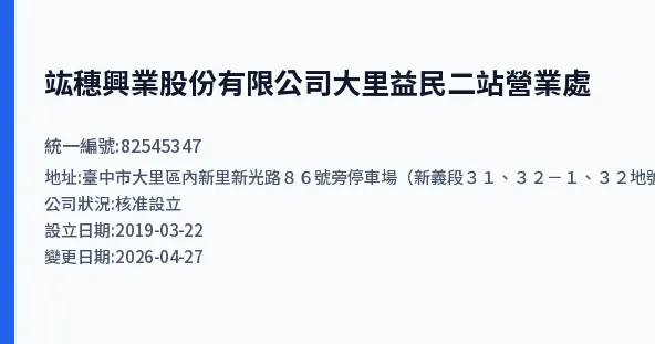 竑穗興業股份有限公司大里益民二站營業處的照片-統編 82545347(臺中市) 公司登記資料與營業項目詳細圖表