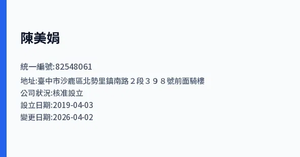 陳美娟的照片-統編 82548061(臺中市) 公司登記資料與營業項目詳細圖表