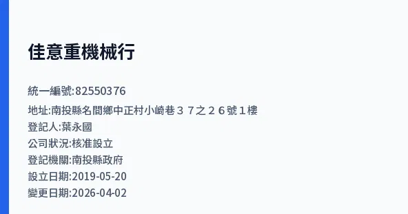 佳意重機械行的照片-統編 82550376(南投縣) 公司登記資料與營業項目詳細圖表