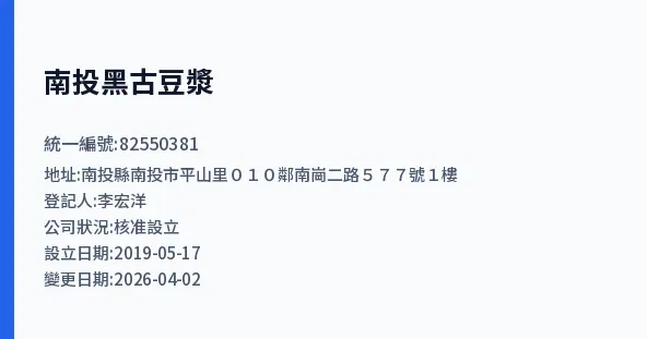 南投黑古豆漿的照片-統編 82550381(南投縣) 公司登記資料與營業項目詳細圖表