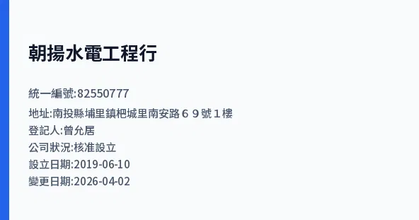 朝揚水電工程行的照片-統編 82550777(南投縣) 公司登記資料與營業項目詳細圖表