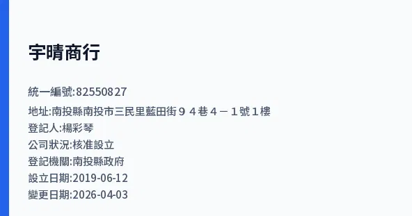 宇晴商行的照片-統編 82550827(南投縣) 公司登記資料與營業項目詳細圖表