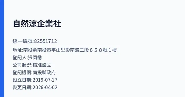 自然涼企業社的照片-統編 82551712(南投縣) 公司登記資料與營業項目詳細圖表