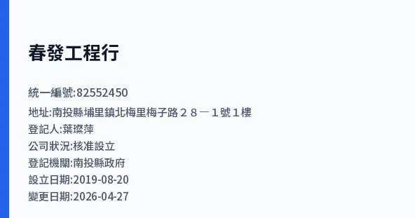 春發工程行的照片-統編 82552450(南投縣) 公司登記資料與營業項目詳細圖表