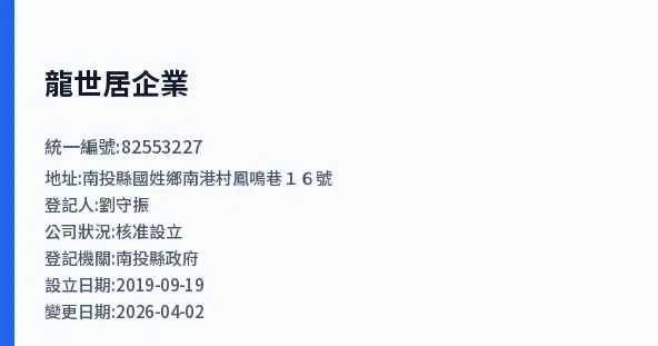 龍世居企業的照片-統編 82553227(南投縣) 公司登記資料與營業項目詳細圖表
