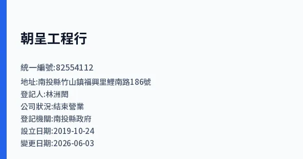 朝呈工程行的照片-統編 82554112(南投縣) 公司登記資料與營業項目詳細圖表