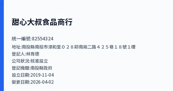 甜心大叔食品商行的照片-統編 82554324(南投縣) 公司登記資料與營業項目詳細圖表