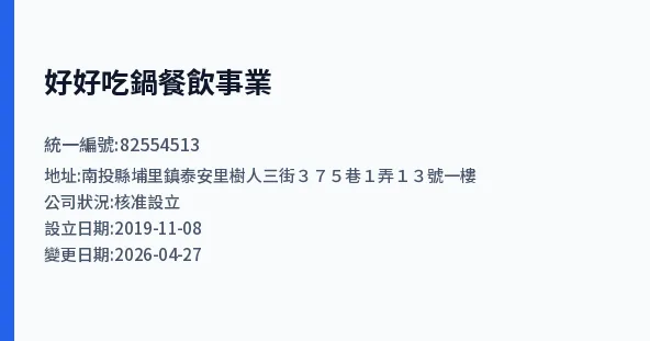 好好吃鍋餐飲事業的照片-統編 82554513(南投縣) 公司登記資料與營業項目詳細圖表
