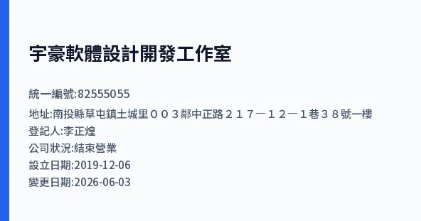 宇豪軟體設計開發工作室的照片-統編 82555055(南投縣) 公司登記資料與營業項目詳細圖表