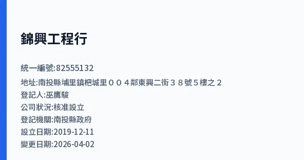錦興工程行的照片-統編 82555132(南投縣) 公司登記資料與營業項目詳細圖表
